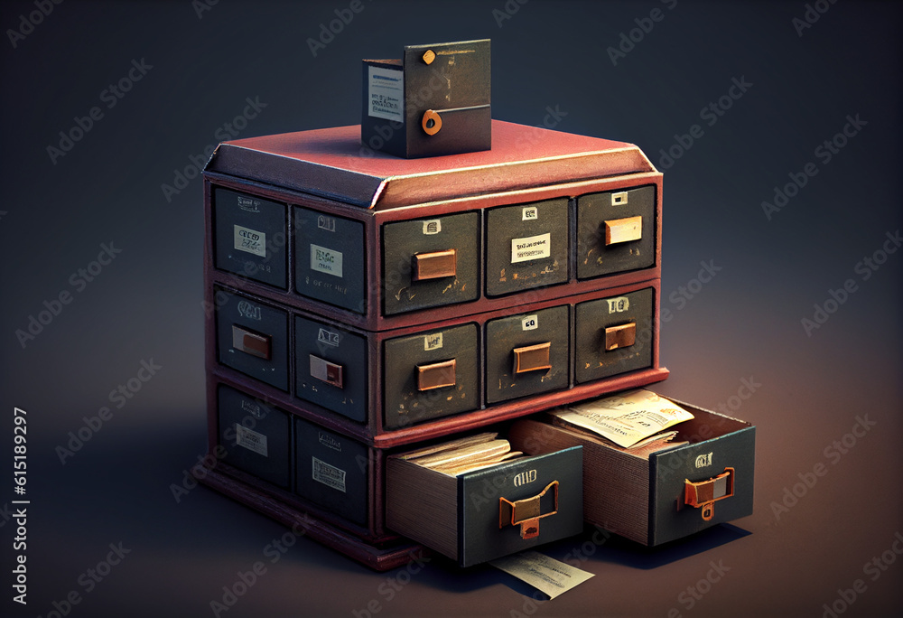 File cabinet. Box with old paper cards, archive, inventory concept ...