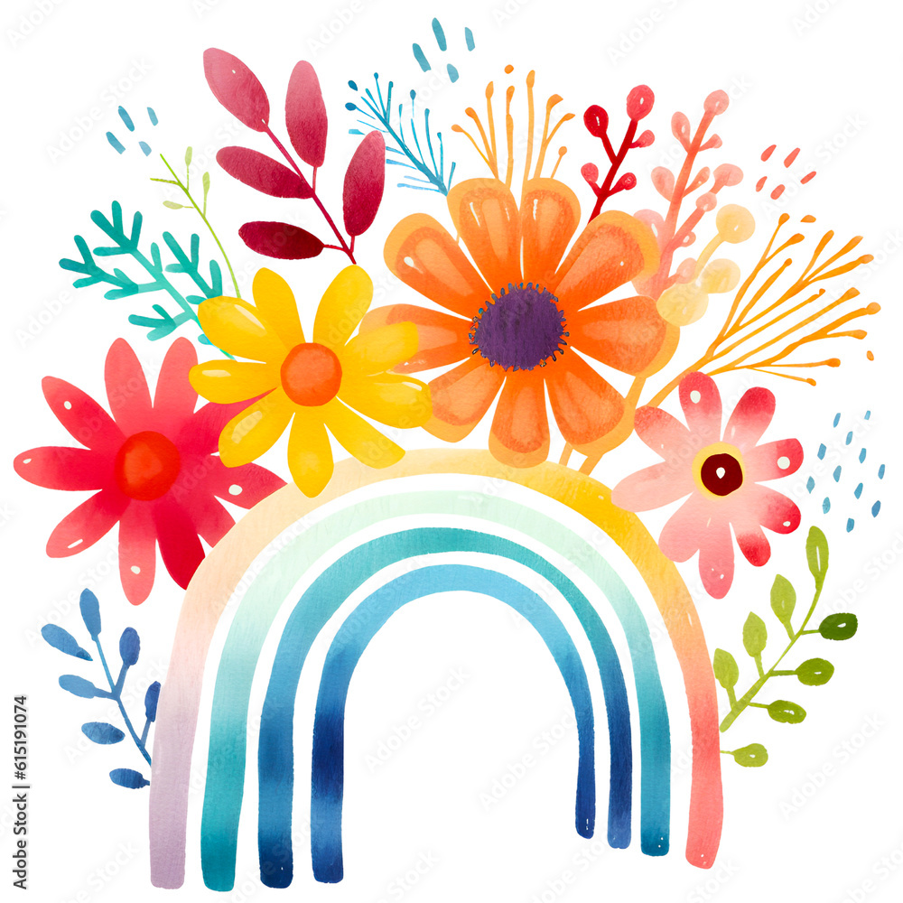 Cute boho floral watercolor rainbow clipart with transparent background ...