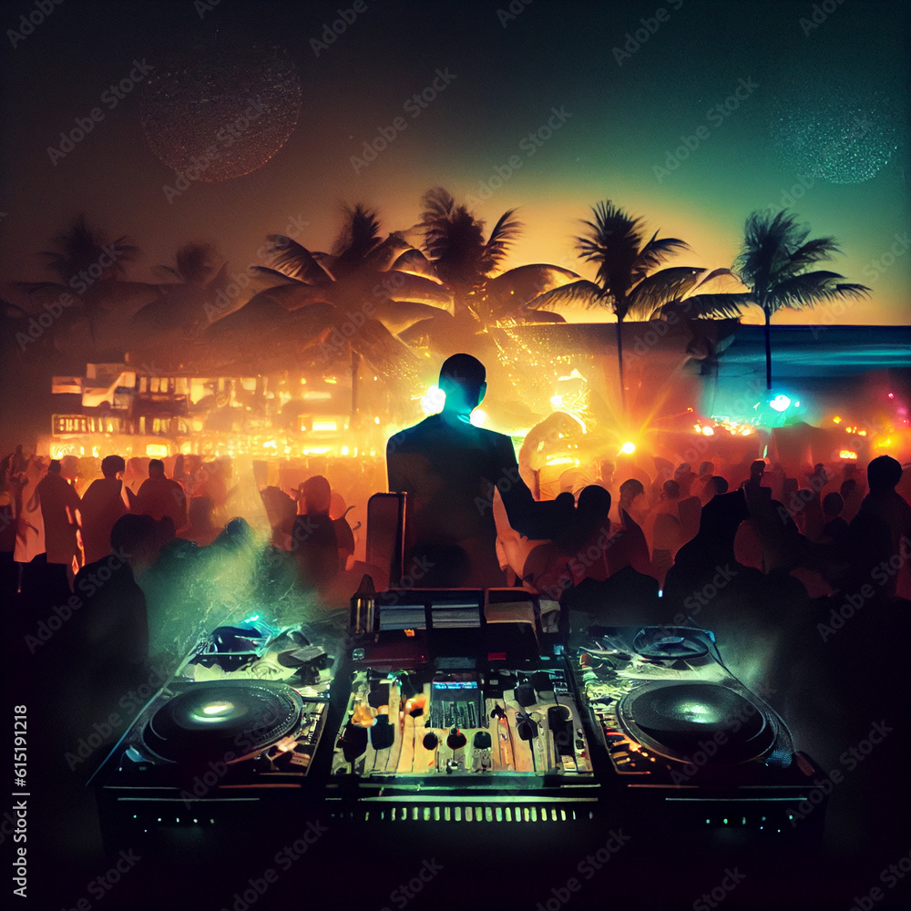 DJ mixing music tracks at a beach party. In the background, people are ...