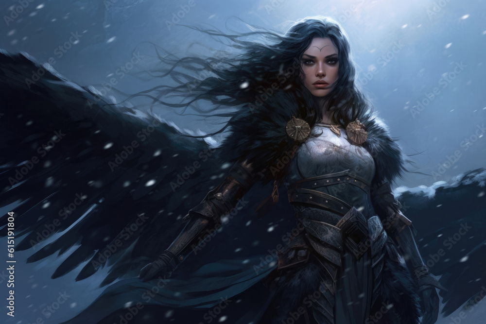 A noble valkyrie stands proud her long raven hair billowing in the cold ...