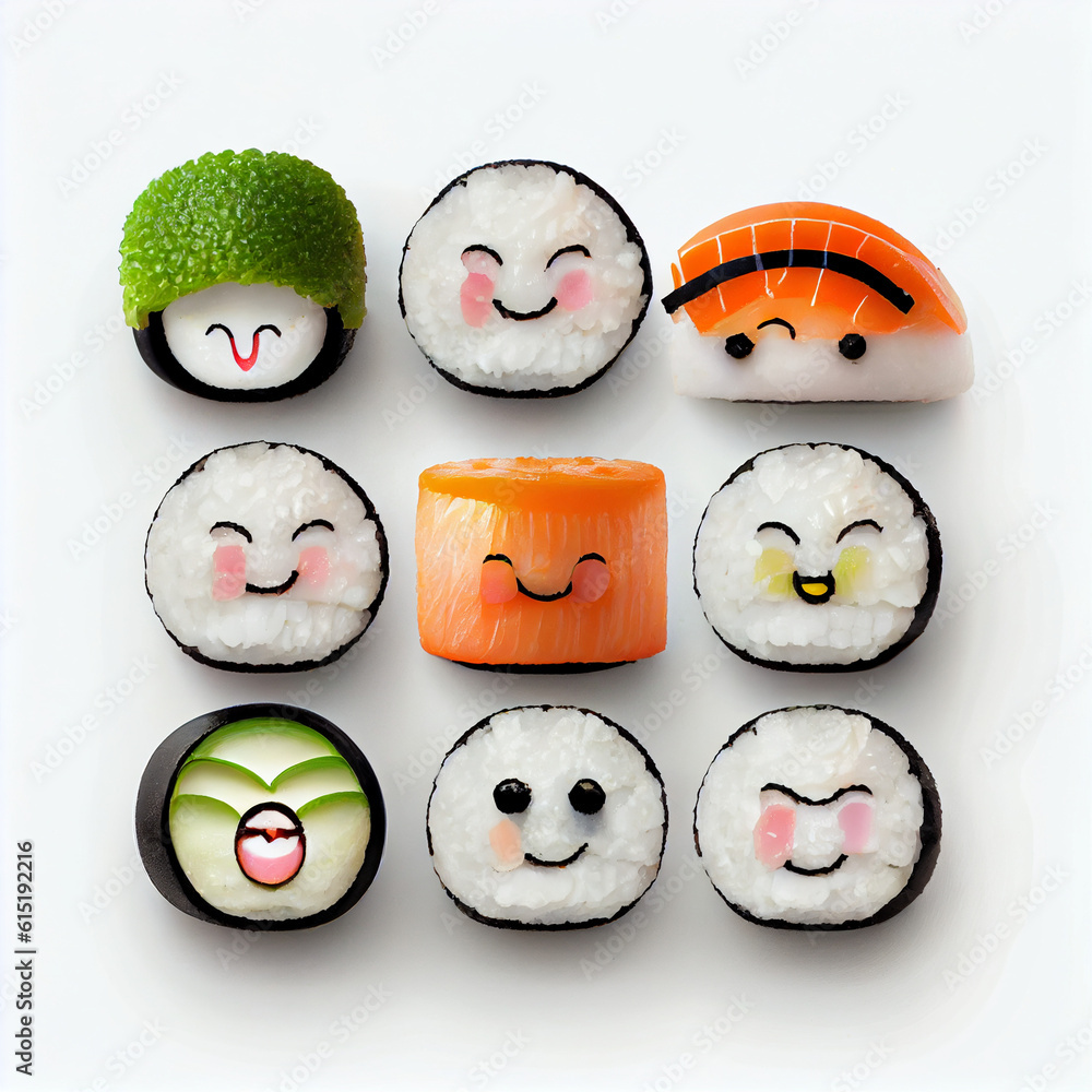 Funny cartoon sushi set. Rolls with a smiling face. Isolated on white ...