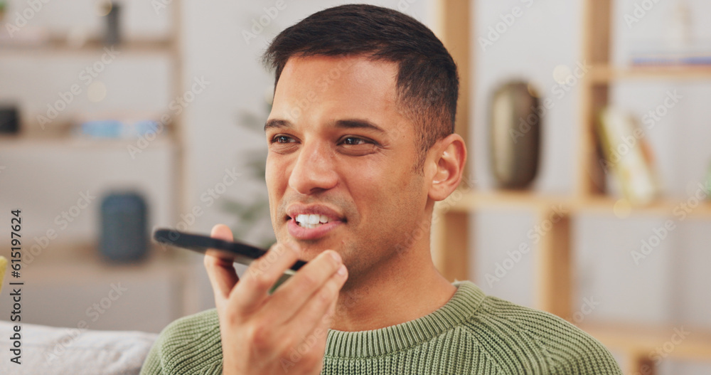 Happy man, talking and phone call with loudspeaker in home for voice ...
