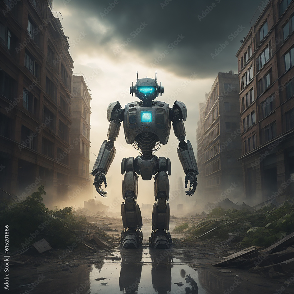 A robot Artificial Intelligence navigating through a dystopian ...