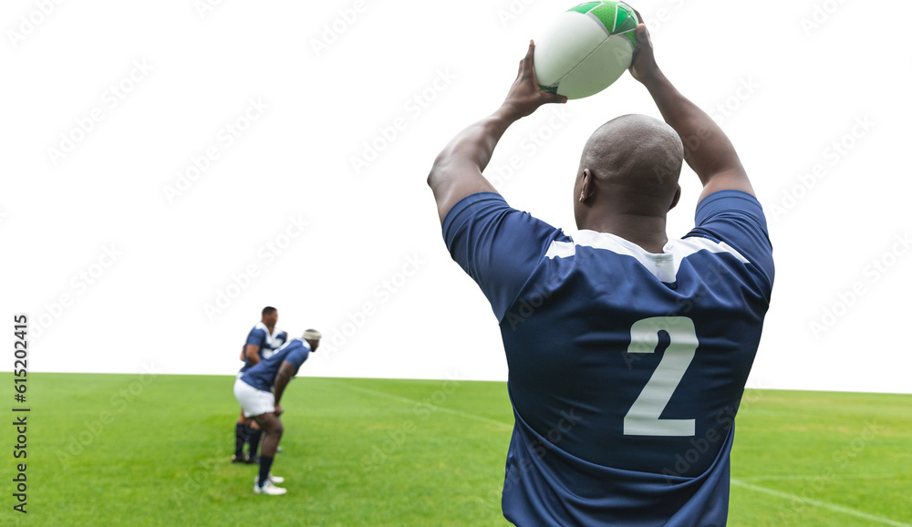 Digital png photo of african american rugby player throwing ball on ...