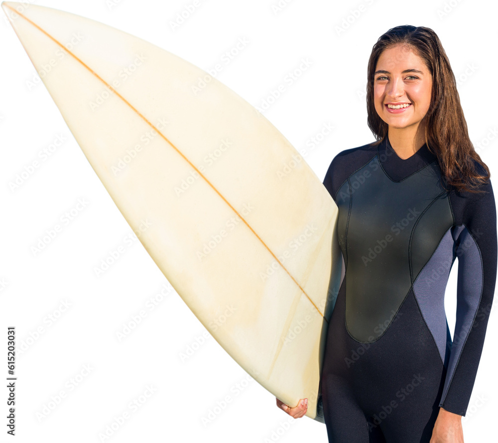Digital png photo of hispanic surfer female holding surfboard on ...