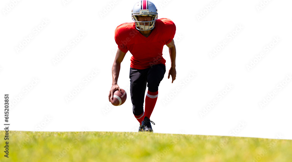 Digital png photo of african american rugby player running with ball on ...