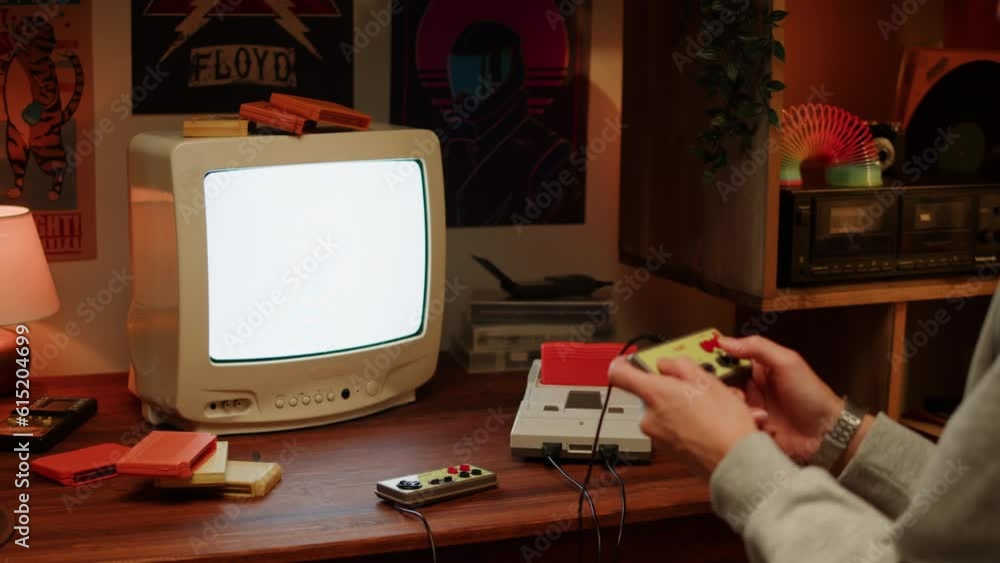 Vintage tv chroma key green screen with Old TV Game Console with ROM ...