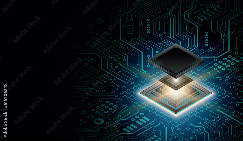 CPU Chip on Motherboard. Central Computer Processors CPU concept. Quantum computer, large data ...