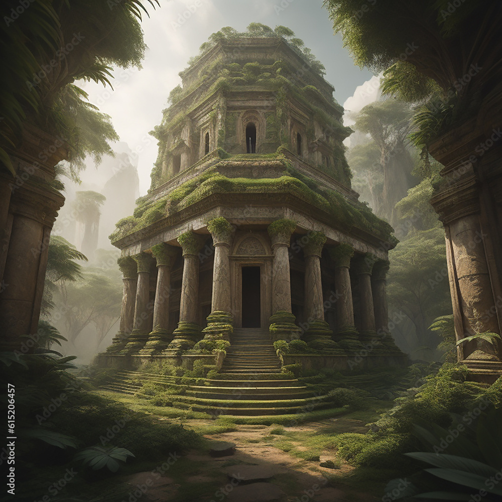 an ancient, overgrown jungle, a magnificent temple stands as a ...
