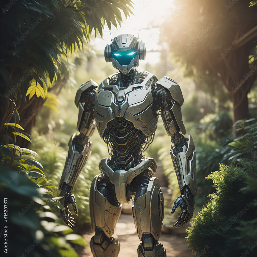 A robot Artificial Intelligence immersed in a lush, vibrant jungle ...