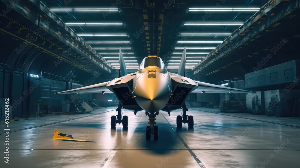 military fighter jet aircraft parked in military hangar at the base ...