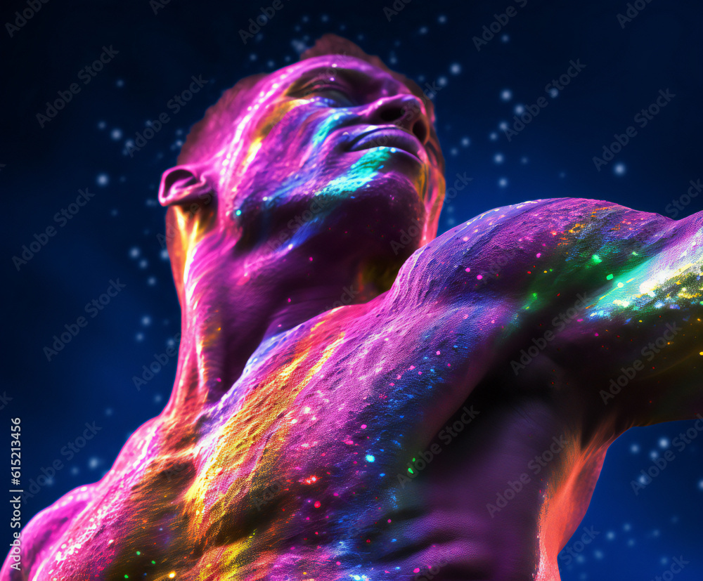 MAN in the night sky. Man covered in rainbow colors. Pride concept ...