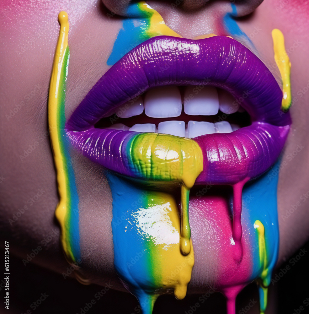 Dripping in Pride: A Woman's Lips Covered in Dripping Rainbow Colors—A ...