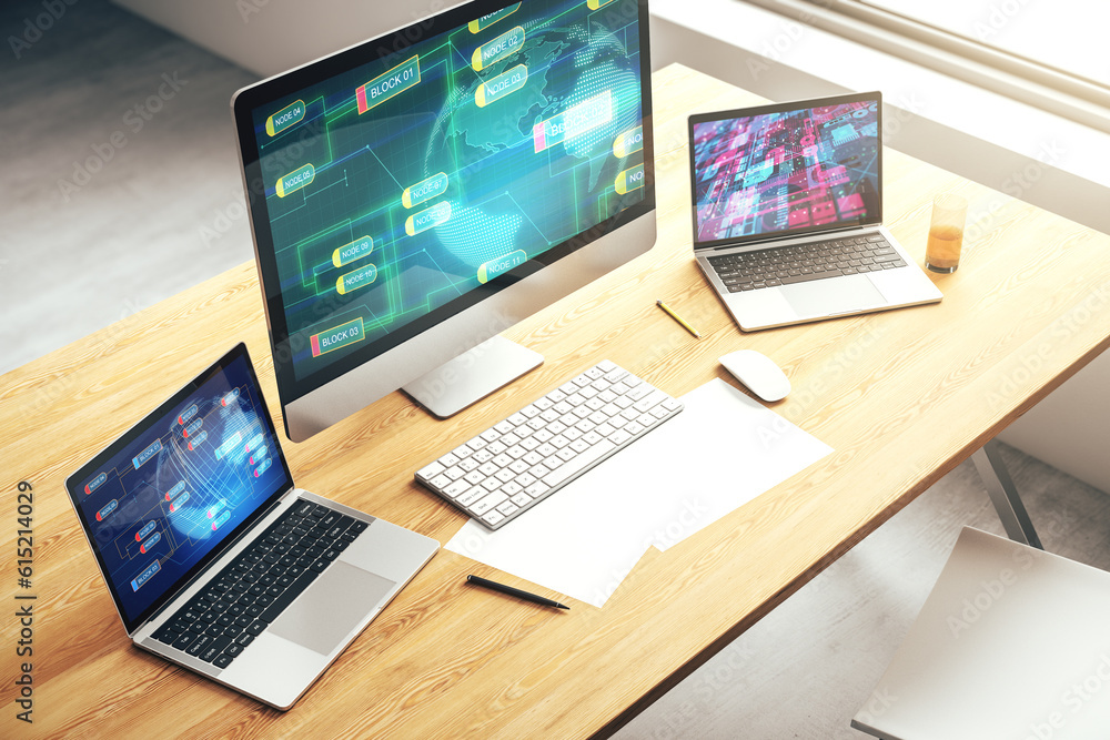 Modern computer monitor with abstract programming language with world ...