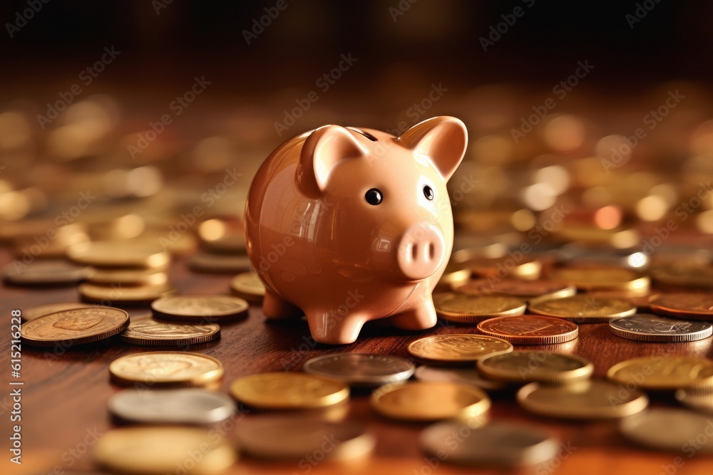 Adorable piggy bank overflowing with shiny coins, embodying savings ...