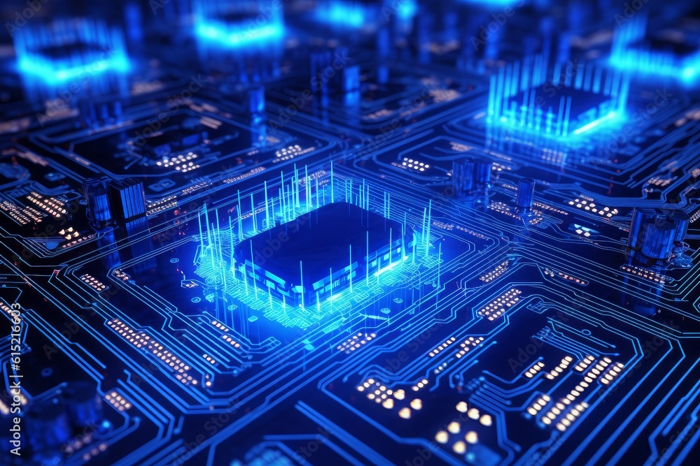Illuminated computer circuit board adorned with captivating blue lights ...