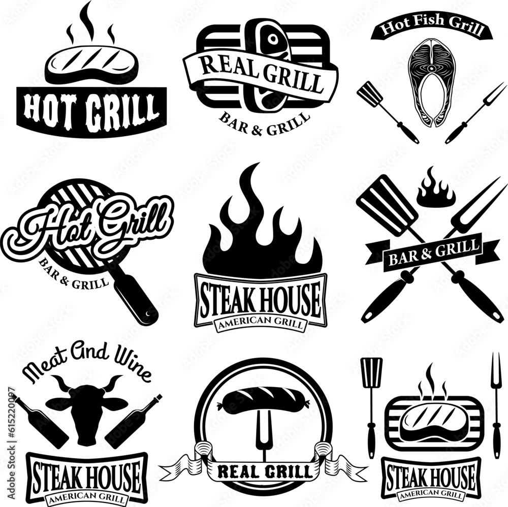 Set of grill bar labels, logos and badges templates. Steak house label ...