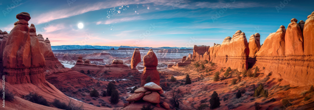 Wide-angle shot of an alien planet landscape. Breathtaking panorama of ...