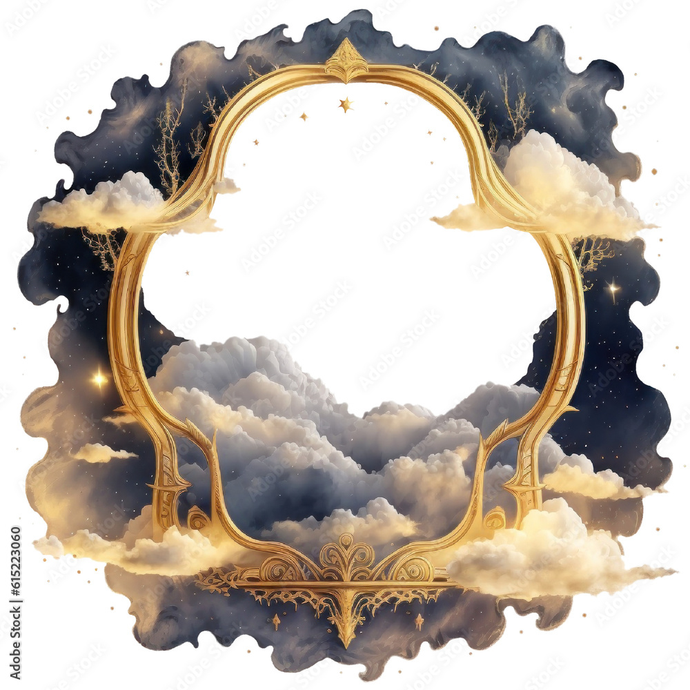 Celestial gold frame with clouds and stars, Night sky watercolor ...