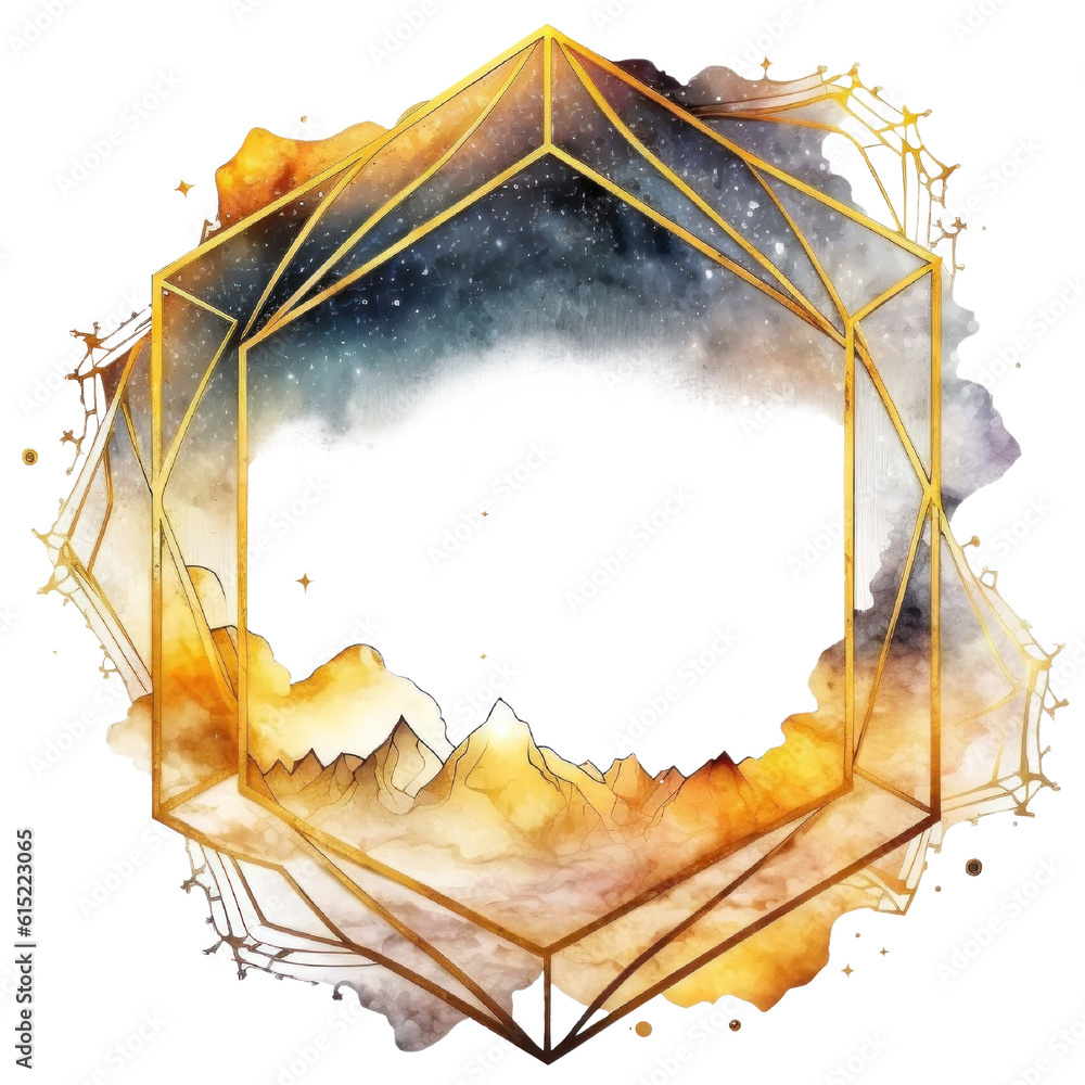 Celestial gold frame with clouds and stars, Night sky watercolor ...