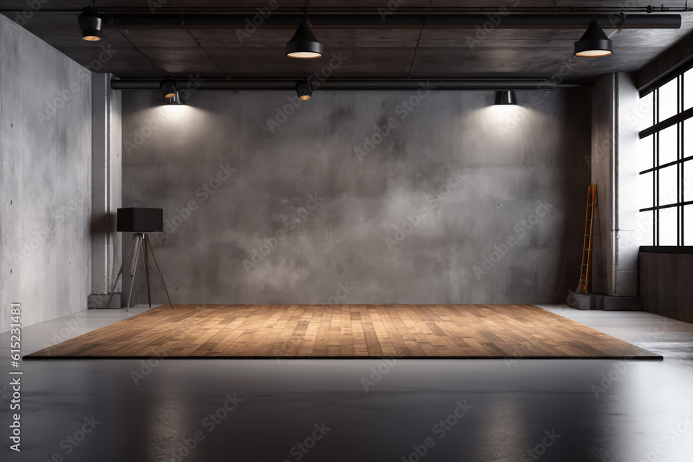 Dark basement with concrete walls and reflective cement floor and spot ...