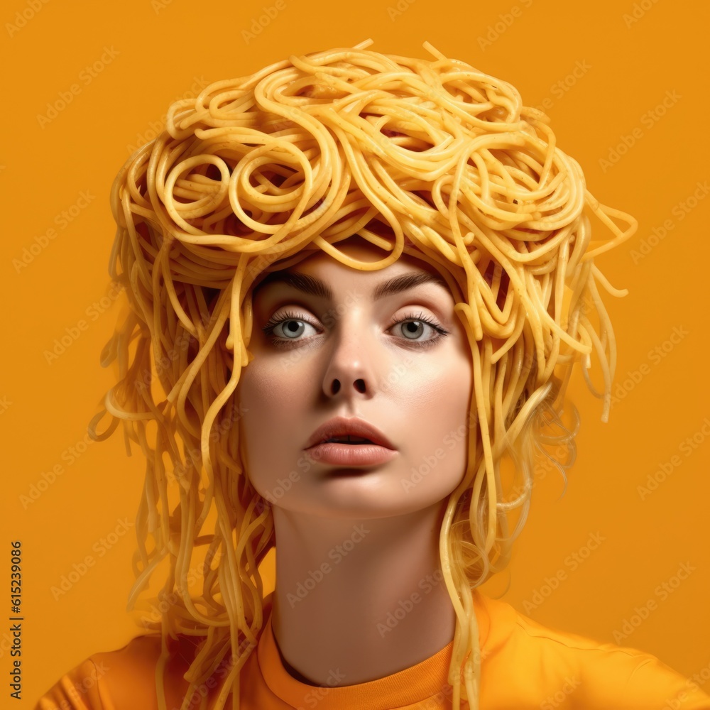 Beautiful young woman with spaghetti hairstyle. AI generative art Stock ...