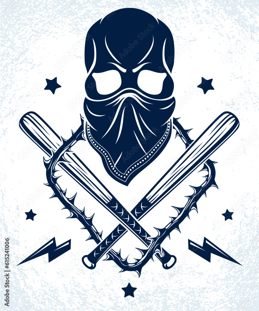 Gang brutal criminal emblem or logo with aggressive skull baseball bats ...