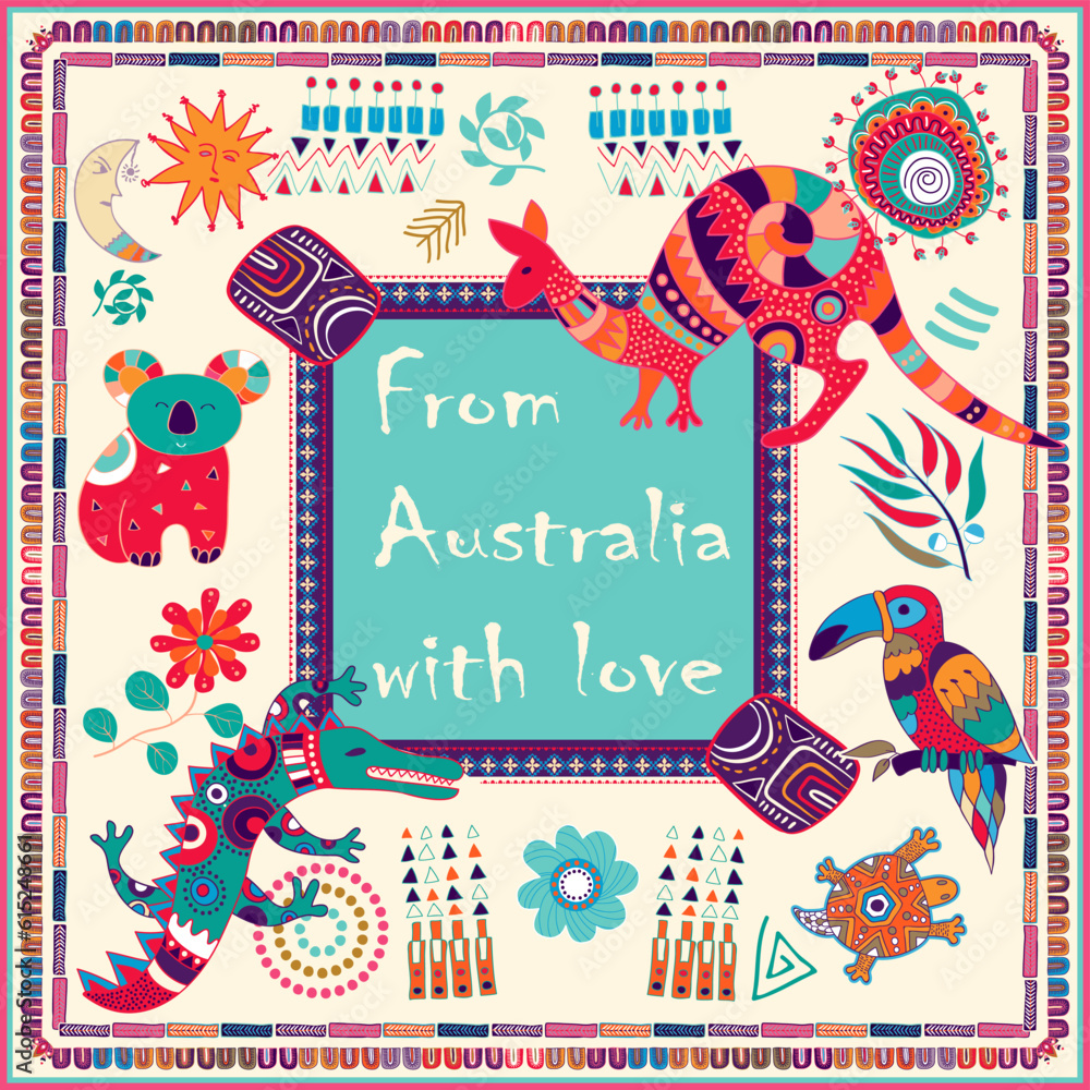 Postcard about Australia. Travel postcard design. Australian animals ...