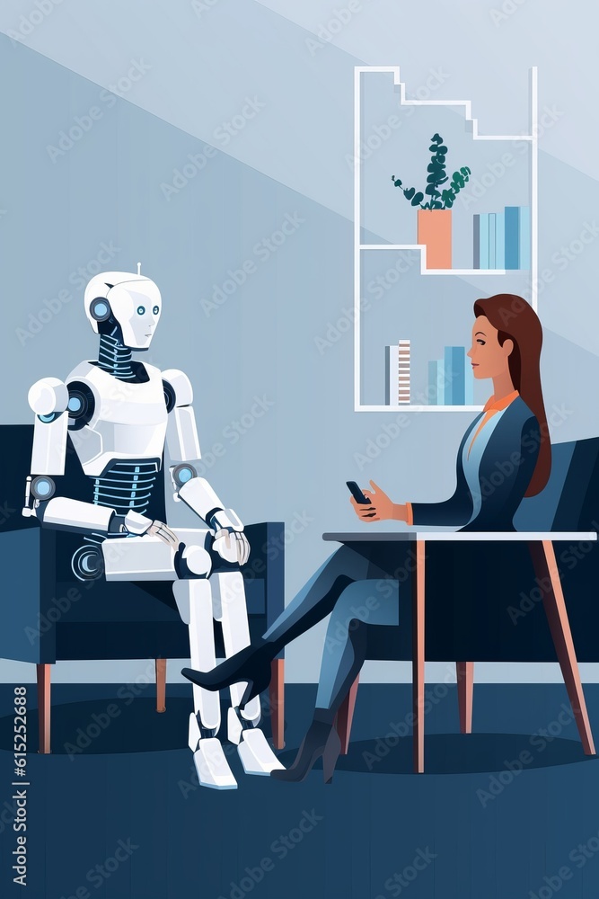 Robot or android in a psychology therapy session with a psychologist in a modern office. Concept ...