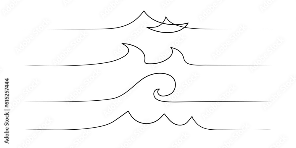 Handdrawn set of wave lines. Abstract wave drawn with a continuous ...