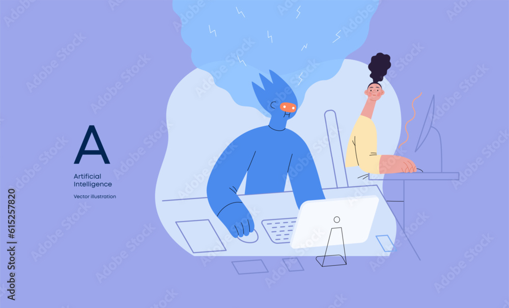 Artificial intelligence, office work -modern flat vector concept ...
