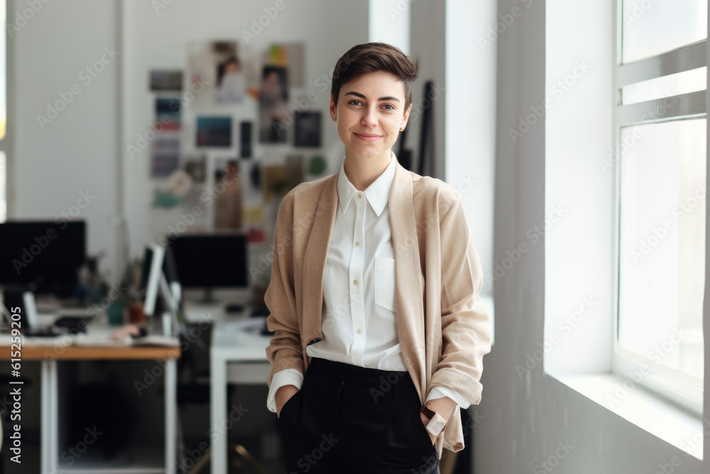 Androgynous person working in office, concepts of inclusivity and ...