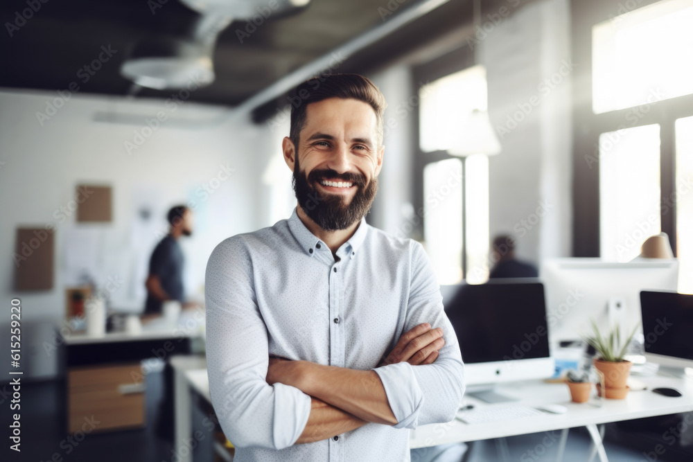 portrait of a guy in a modern office setting. Professionalism and ...