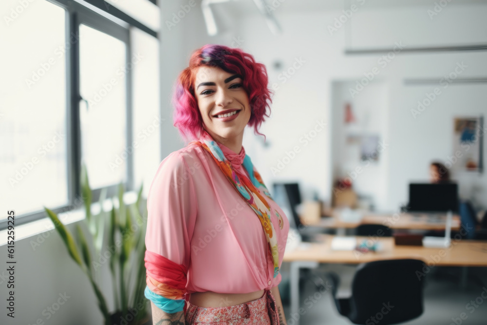 Portrait of a happy transgender person working in a modern office ...