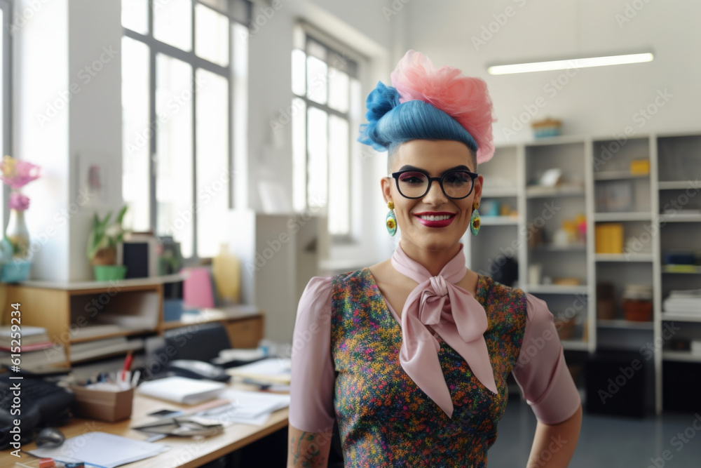 Portrait of a happy transgender person working in a modern office ...