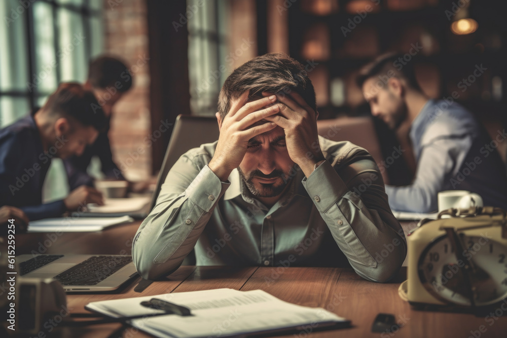 Man experiencing a headache or disappointment in the office. With his ...