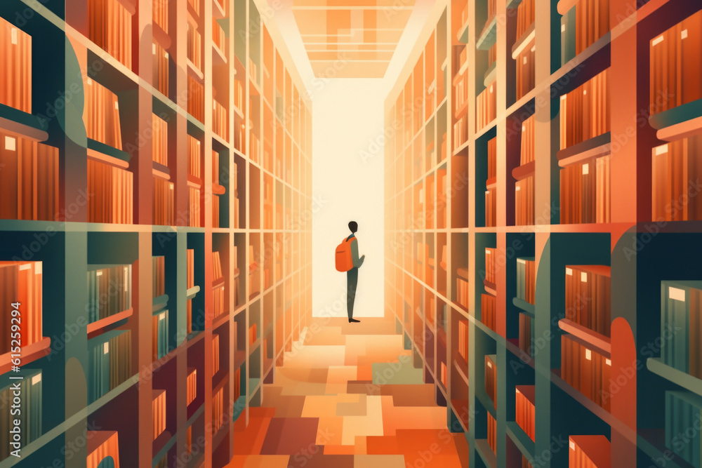 Girl reading a book in the quiet ambiance of a library. Character ...