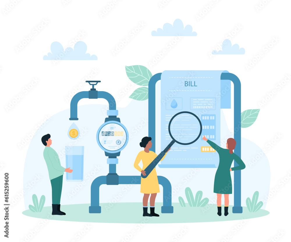 Payment of water bills vector illustration. Cartoon tiny people hold ...