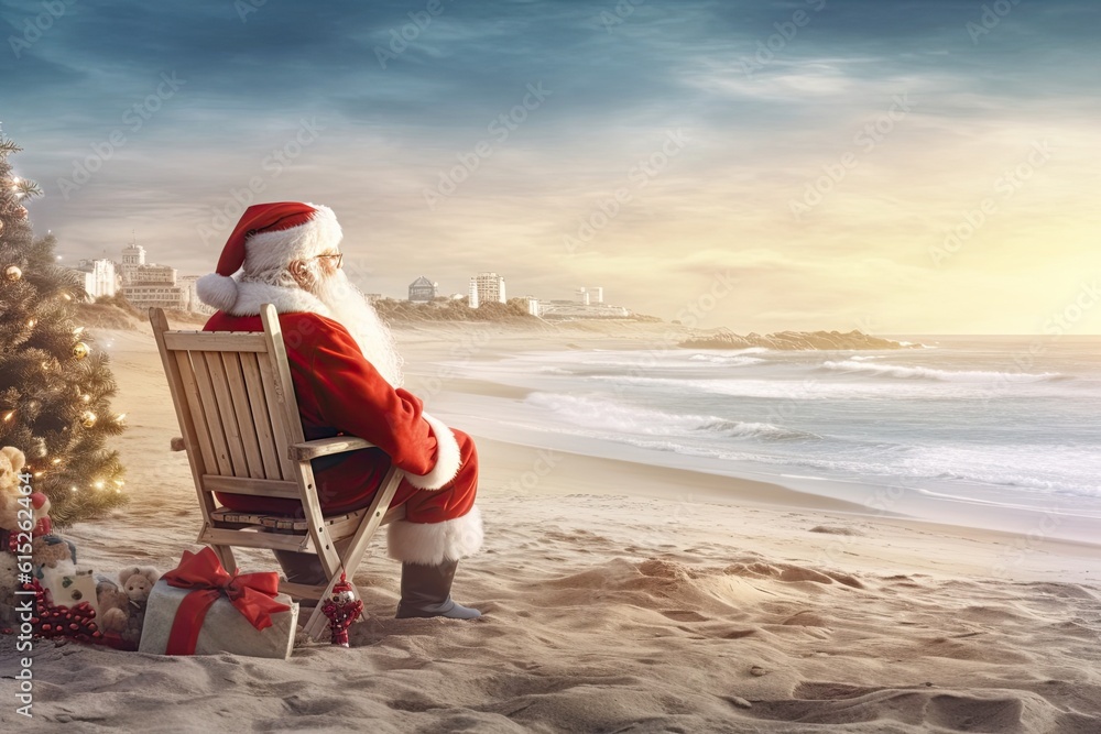 Santa claus relaxing the sandy beach view from the back. Christmas in ...