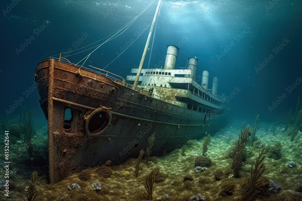 Titanic shipwreck lying silently on the ocean floor. The image ...