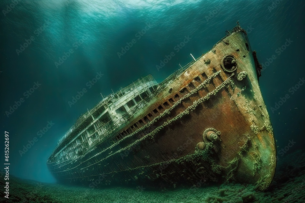 Titanic shipwreck with the surrounding marine life, including schools ...