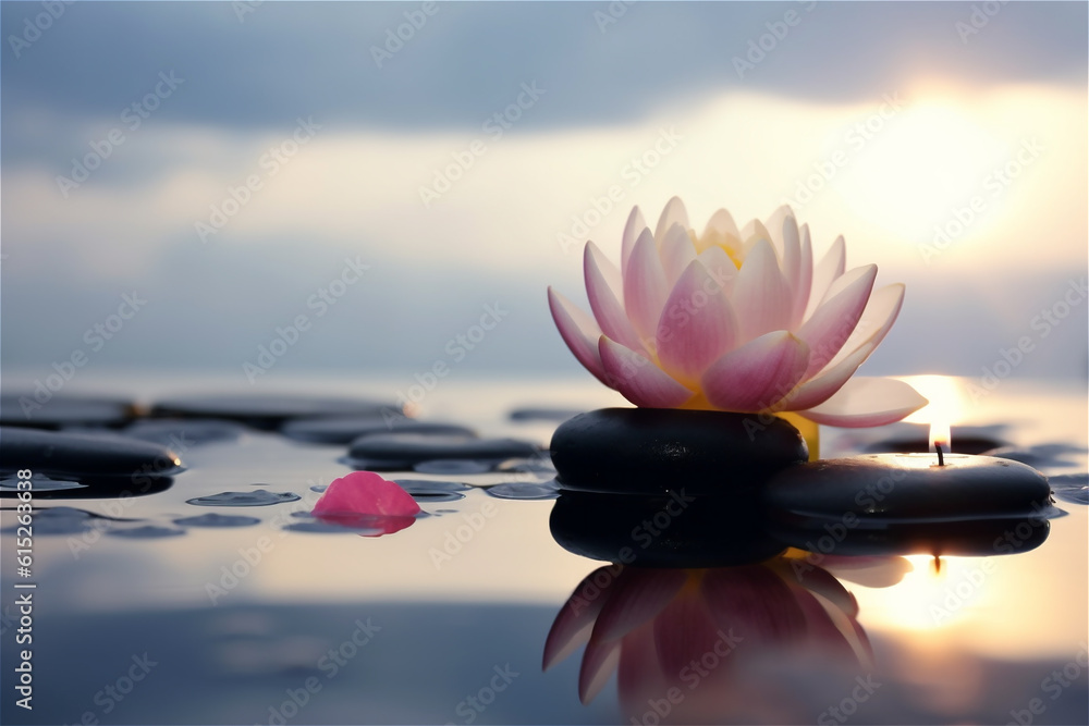 lotus flower outside in water next to black stones on sandy beach ...