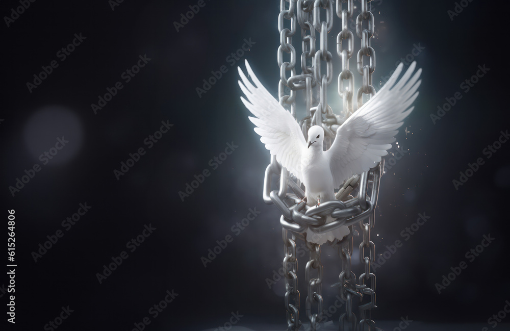 beautiful peace white dove flying to get released out of a chain ...