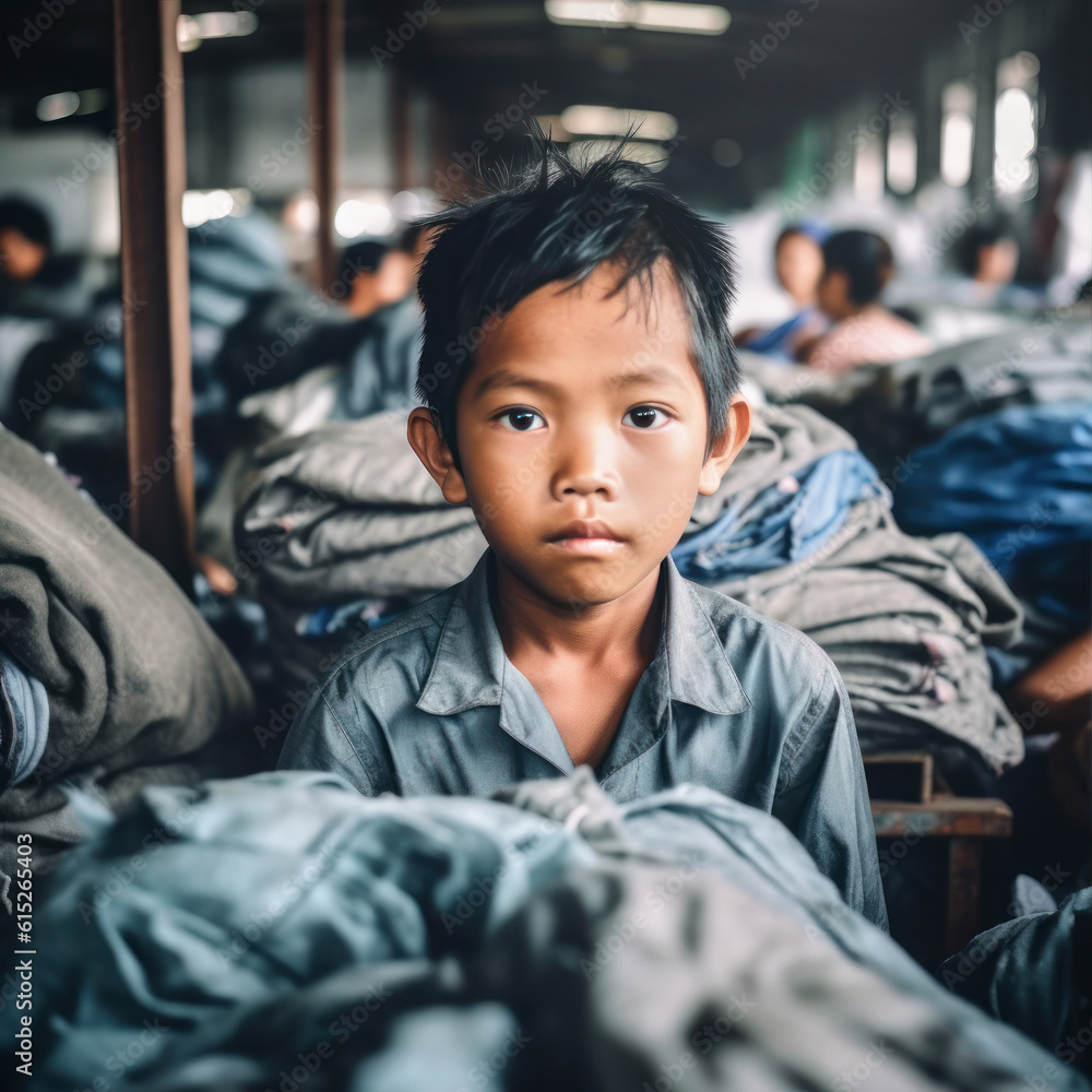 Small Asian boy portrait with blurred textile factory background ...