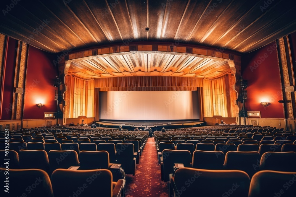 An atmospheric setting of an old - fashioned movie theater. The dimly ...