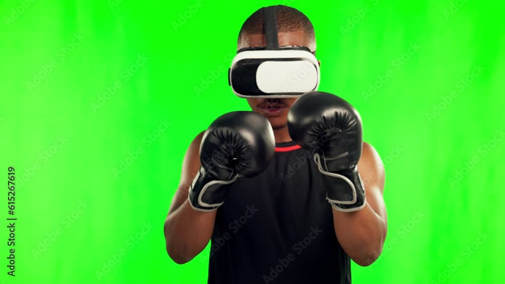 Man, boxing and virtual reality, gaming and green screen with fitness ...