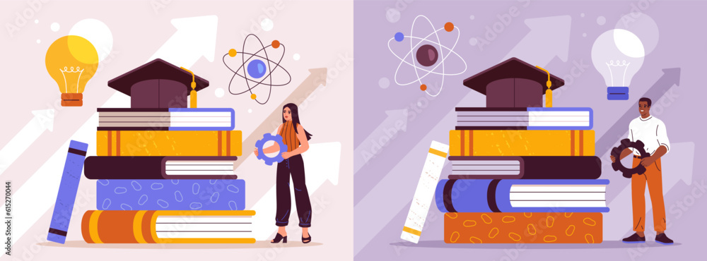 People develop knowledge. Set with man and woman learn new skills ...