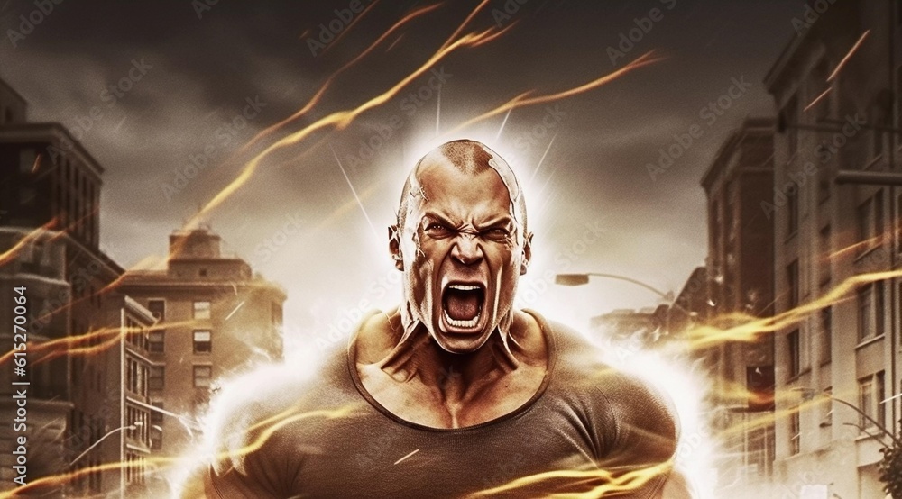 A roaring angry strong man with short hair bald head, bulging veins ...