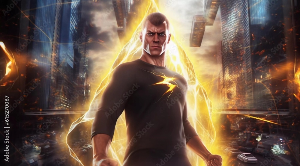 Poster Strong and righteous white male superhero with lightning on ...