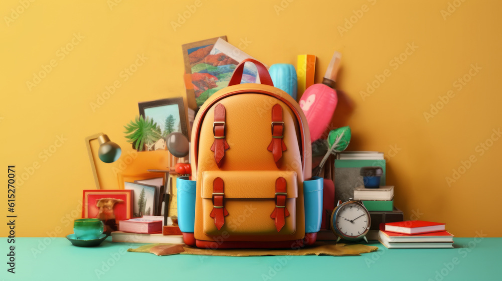Concept to teacher's day. Back to school. Pens, pencils, books backpack ...